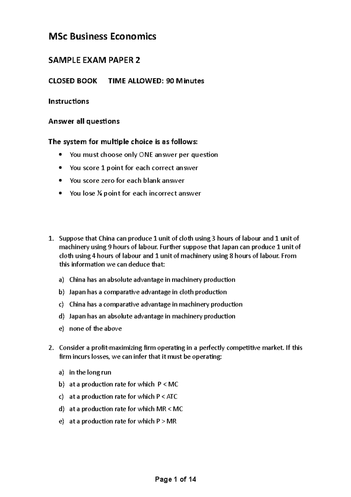Exam 2018, questions - MSc Business Economics SAMPLE EXAM PAPER 2 ...