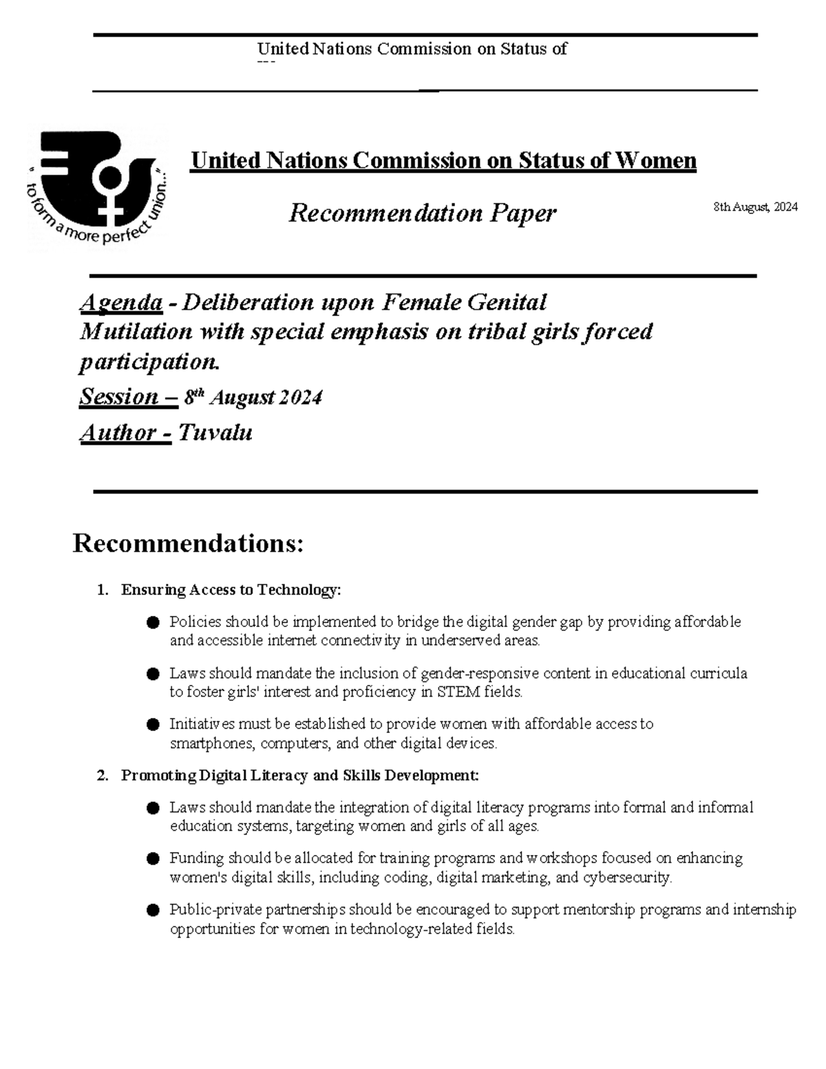 Recommendation Report Uncsw - Women United Nations Commission on Status ...
