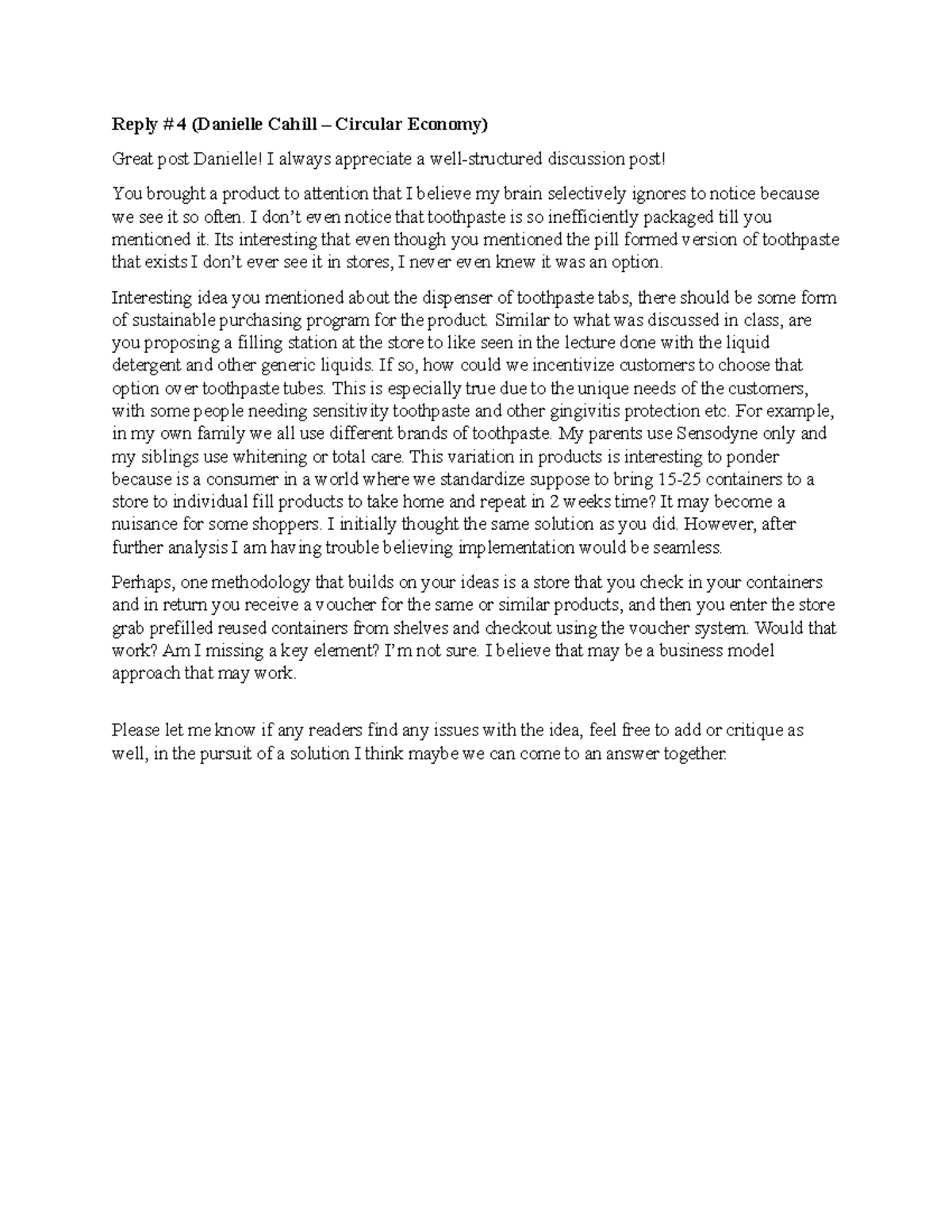 Circular economy Response Post - Reply # 4 (Danielle Cahill – Circular ...