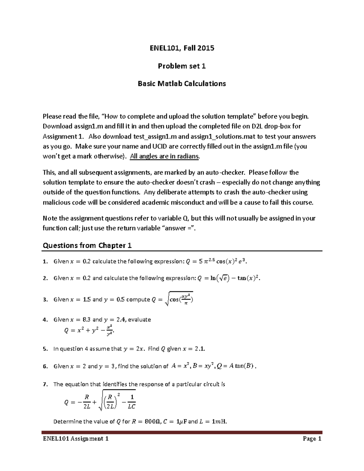 Seminar Assignments Assignment 1 7 Enel101 Assignment 1 Page 1 Enel101 Fall 2015 Problem