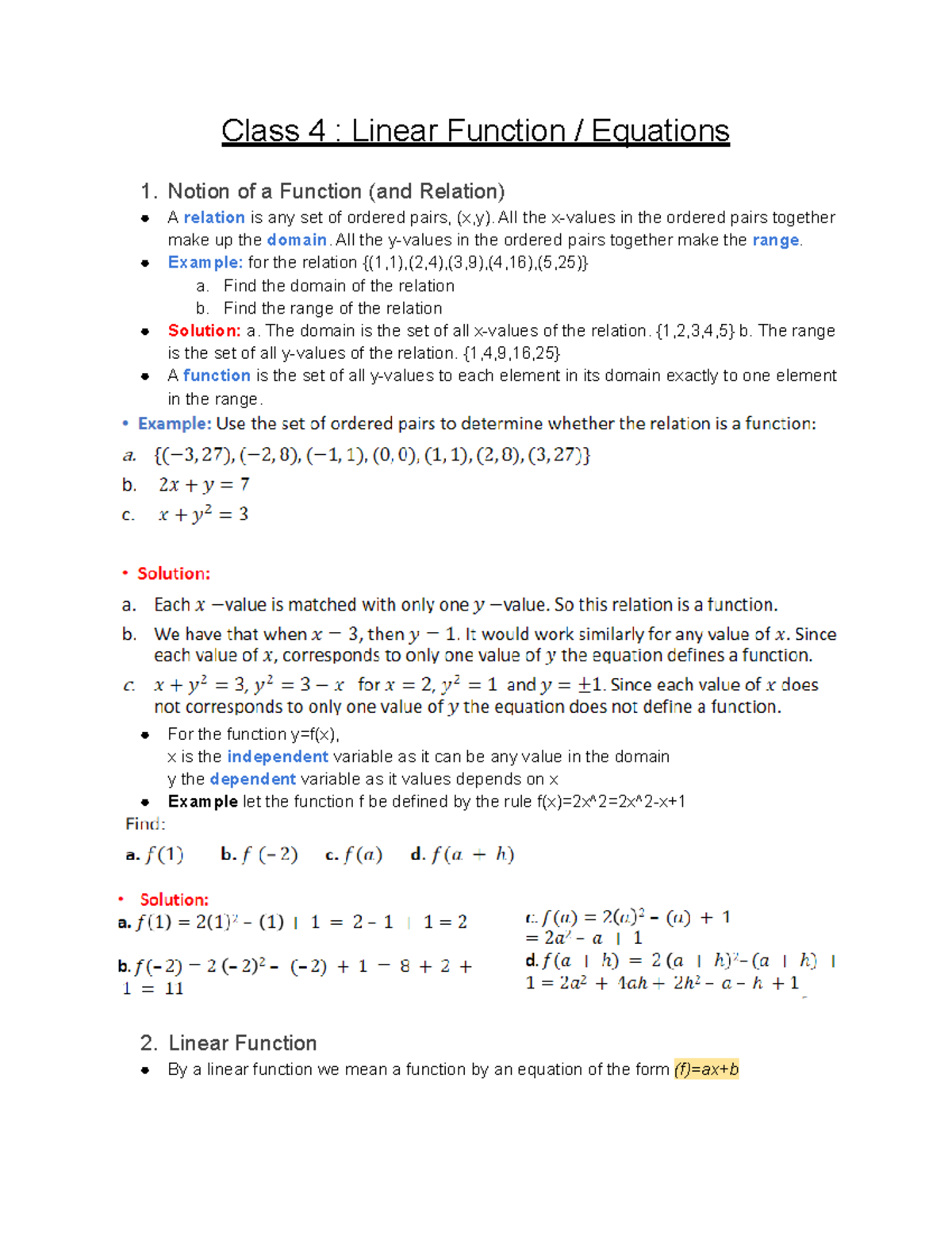 QMS - Lecture 4 - notes - Class 4 : Linear Function / Equations 1 ...