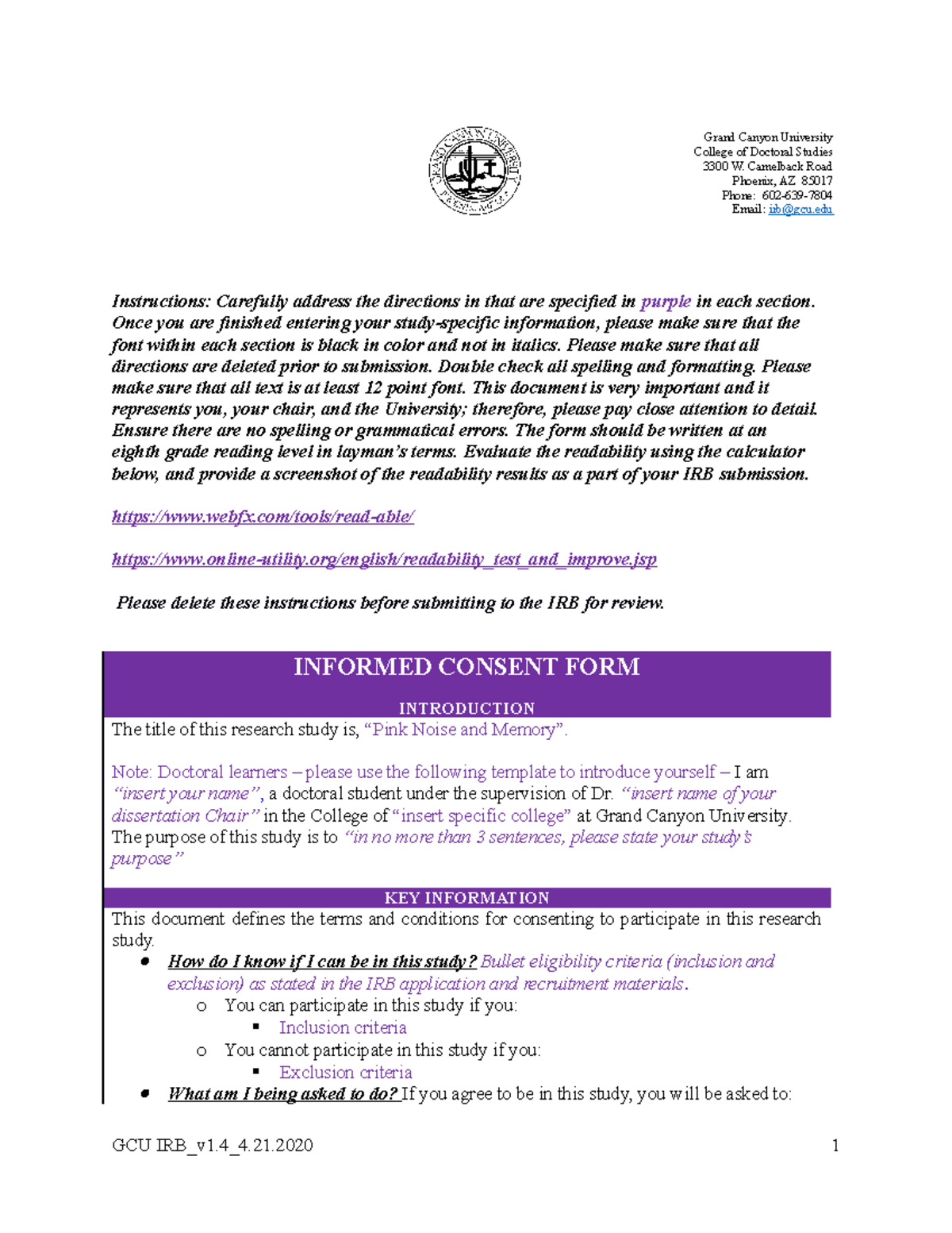 Informed Consent - Not Greater Than Minimal Risk Template - Grand Canyon University College of ...