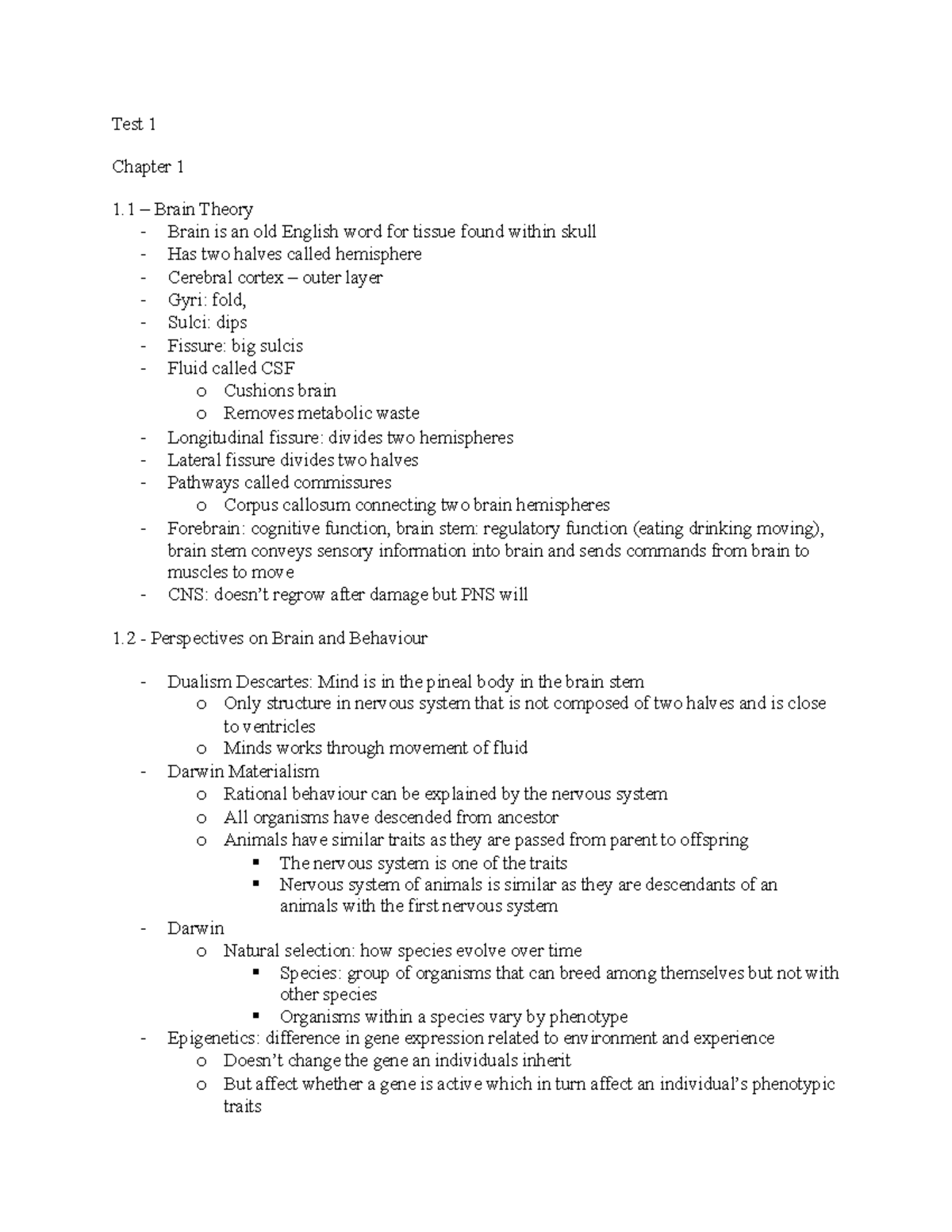 Test 1 Notes on Brain Theory and Function - Test 1 Chapter 1 1 – Brain ...