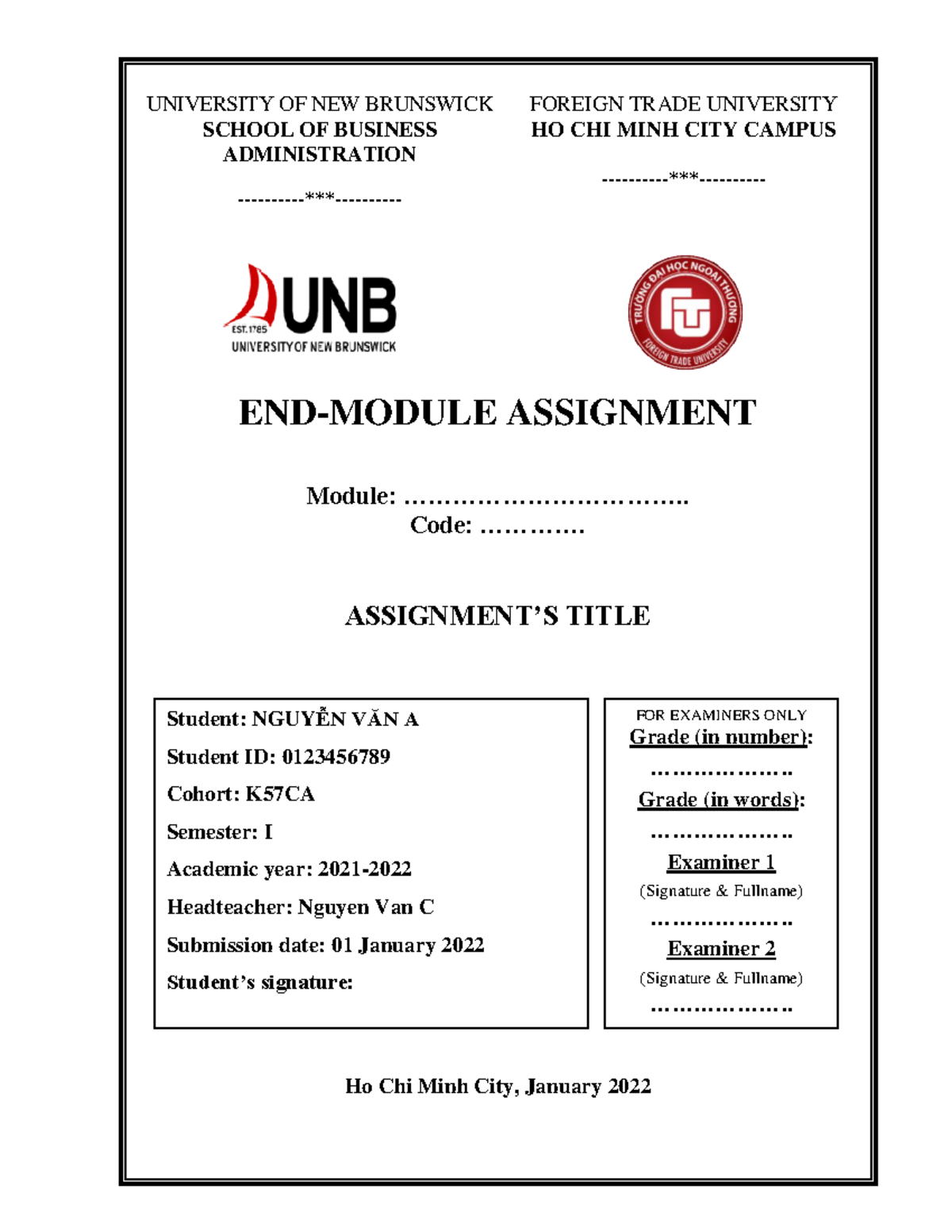 Mẫu tiểu luận kết thúc học phần CA 2 - END-MODULE ASSIGNMENT Module: - Studocu