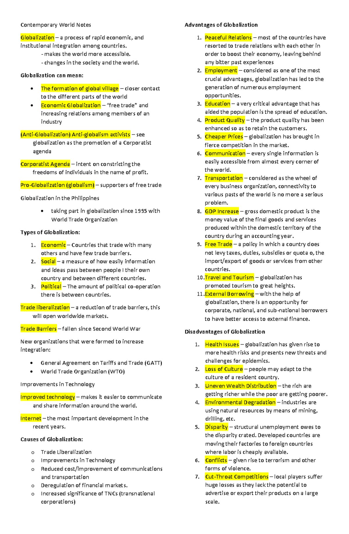 Contemporary-World-Notes - Contemporary World Notes Globalization – a ...