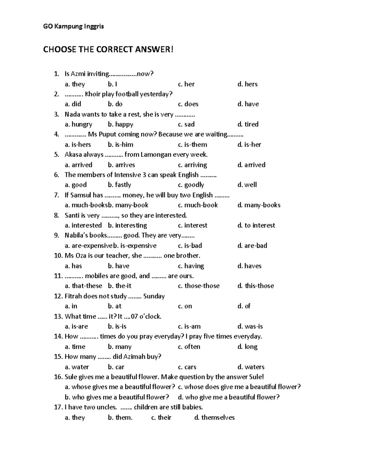 English test (soal-soal) - CHOOSE THE CORRECT ANSWER! Is Azmi inviting ...