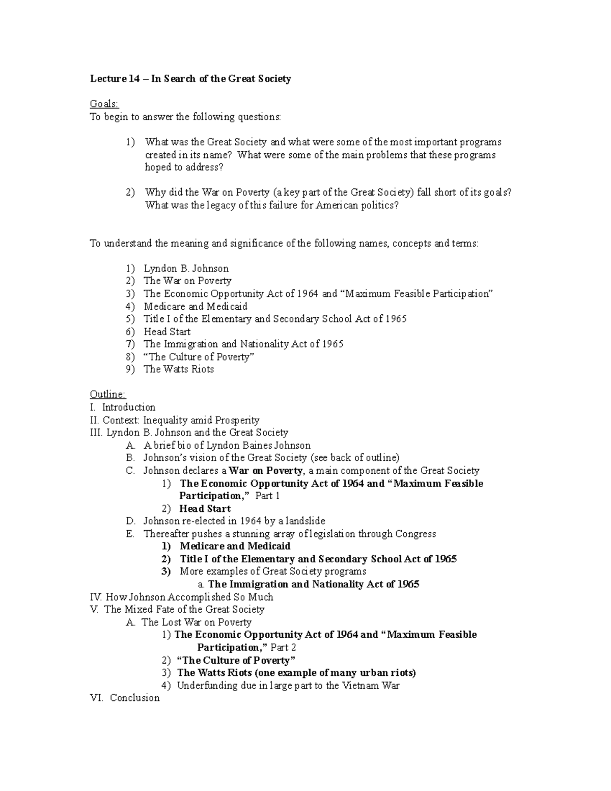 Lecture 14 Great Society Outline 2022 - Lecture 14 – In Search of the ...