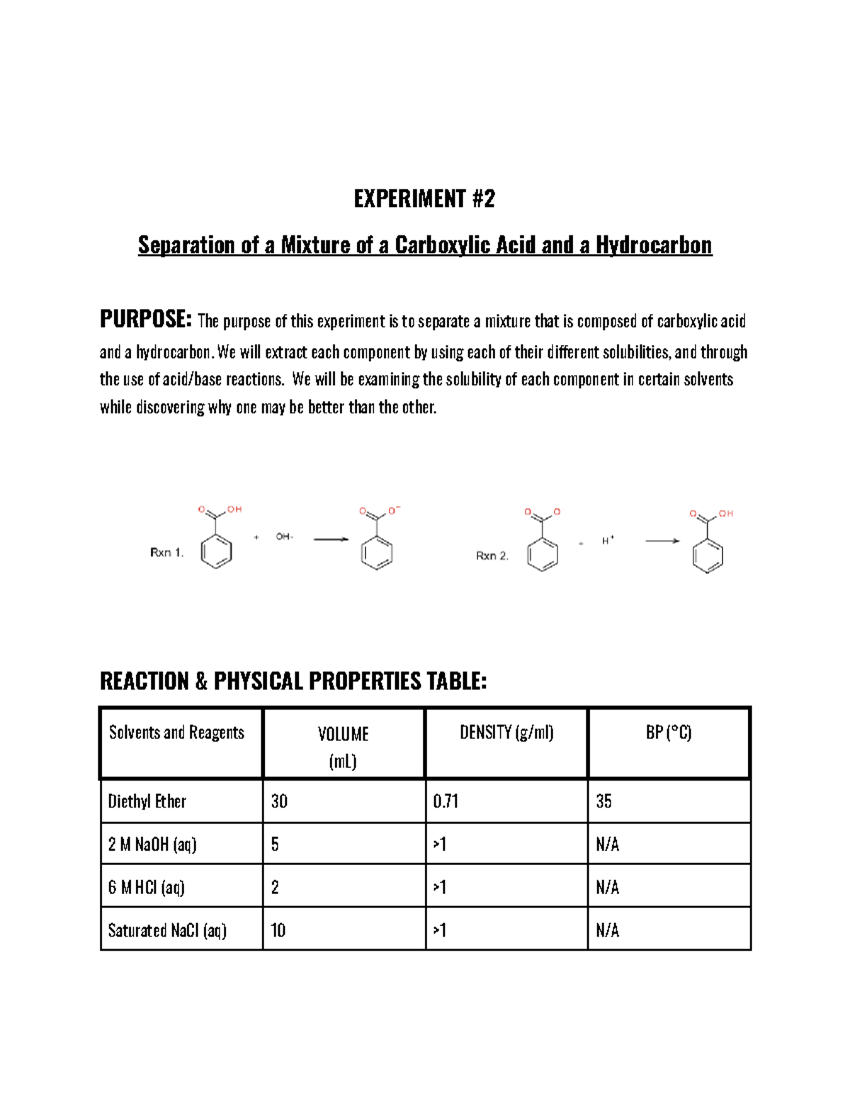 EXP 2 - Experiment 2 - EXPERIMENT Separation of a Mixture of a Carboxylic Acid and a Hydrocarbon ...