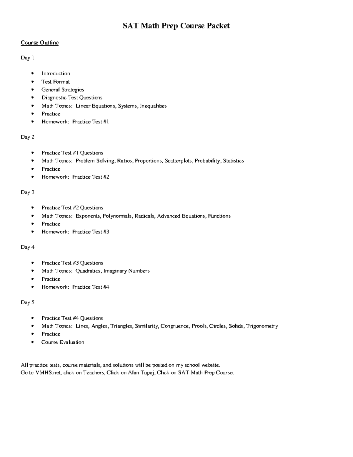 SAT Math Prep Course Packet - SAT Math Prep Course Packet Course ...