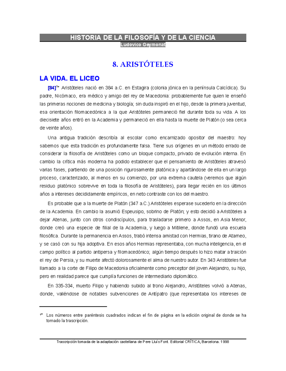 Texto Aristoteles Pesamiento Politco - HISTORIA DE LA FILOSOFÍA Y DE LA CIENCIA Ludovico ...