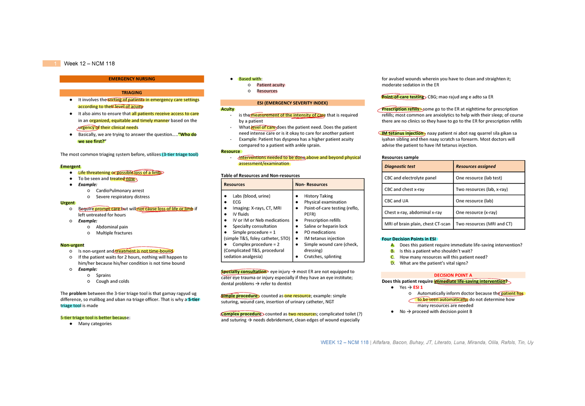 NCM 118 EMERGENCY NURSING - EMERGENCY NURSING TRIAGING භ It involves ...
