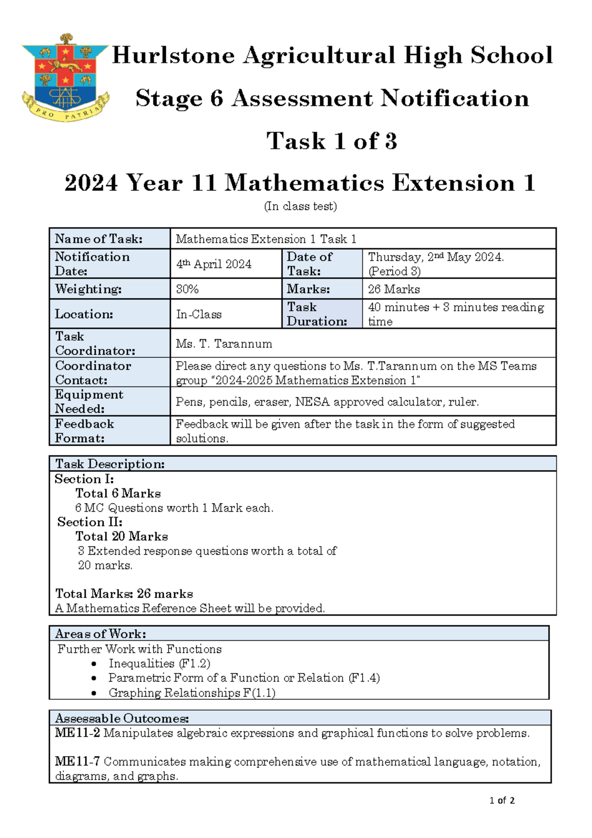 Notification 2024 Year 11 Mathematics Extension 1 Task 1 - 1 of 2 ...