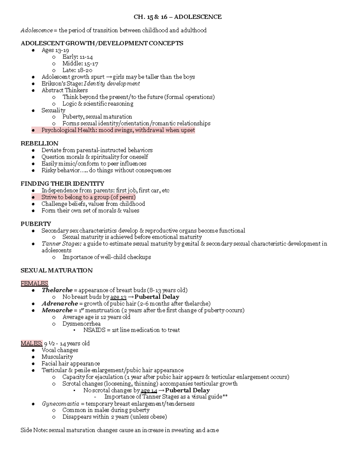 Adolescence Lecture Notes - CH. 15 & 16 – ADOLESCENCE Adolescence = the ...