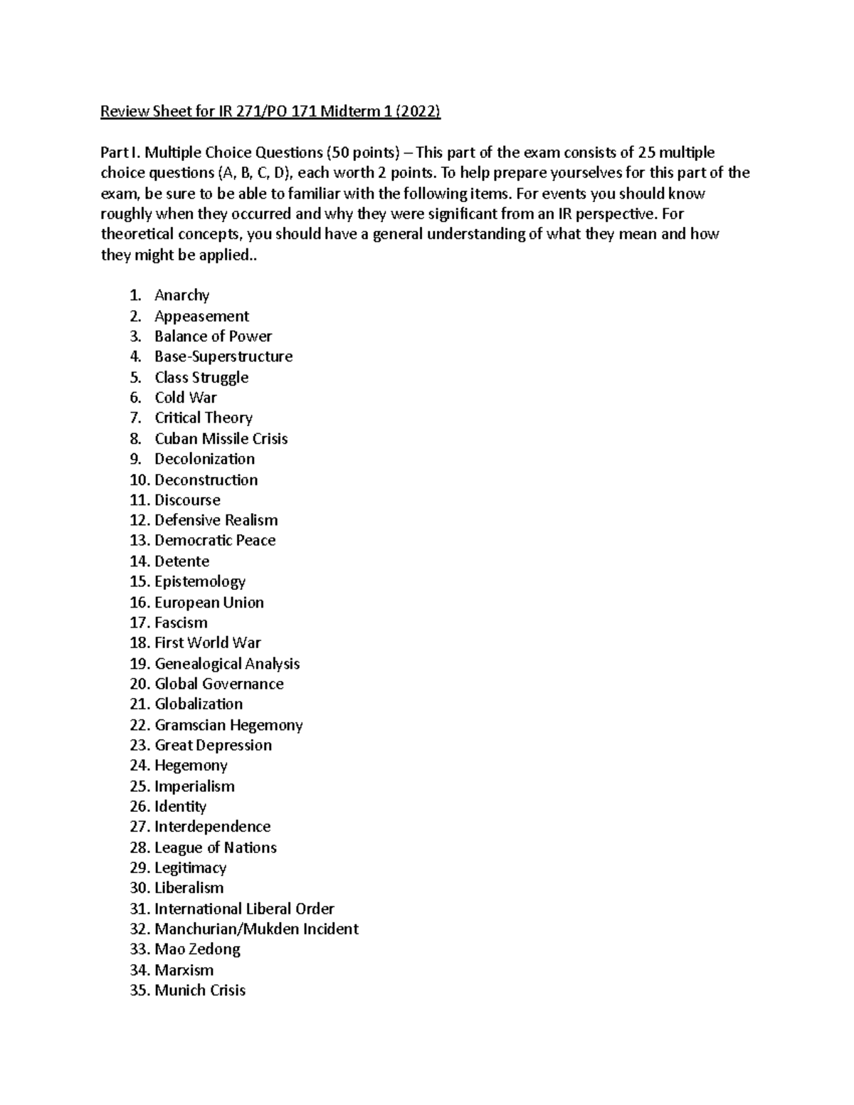 Review Sheet for IR 271 MT 1 - 2022 - Review Sheet for IR 271/PO 171 ...