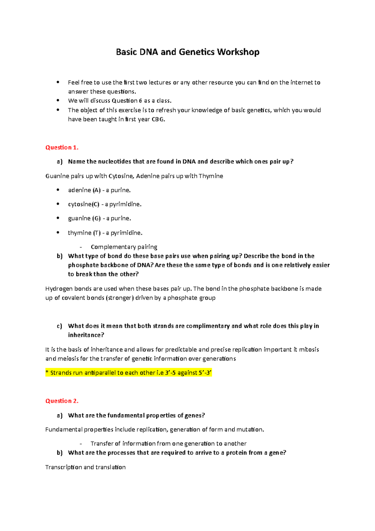 Basic DNA and Genetics Workshop questions - Basic DNA and Genetics ...