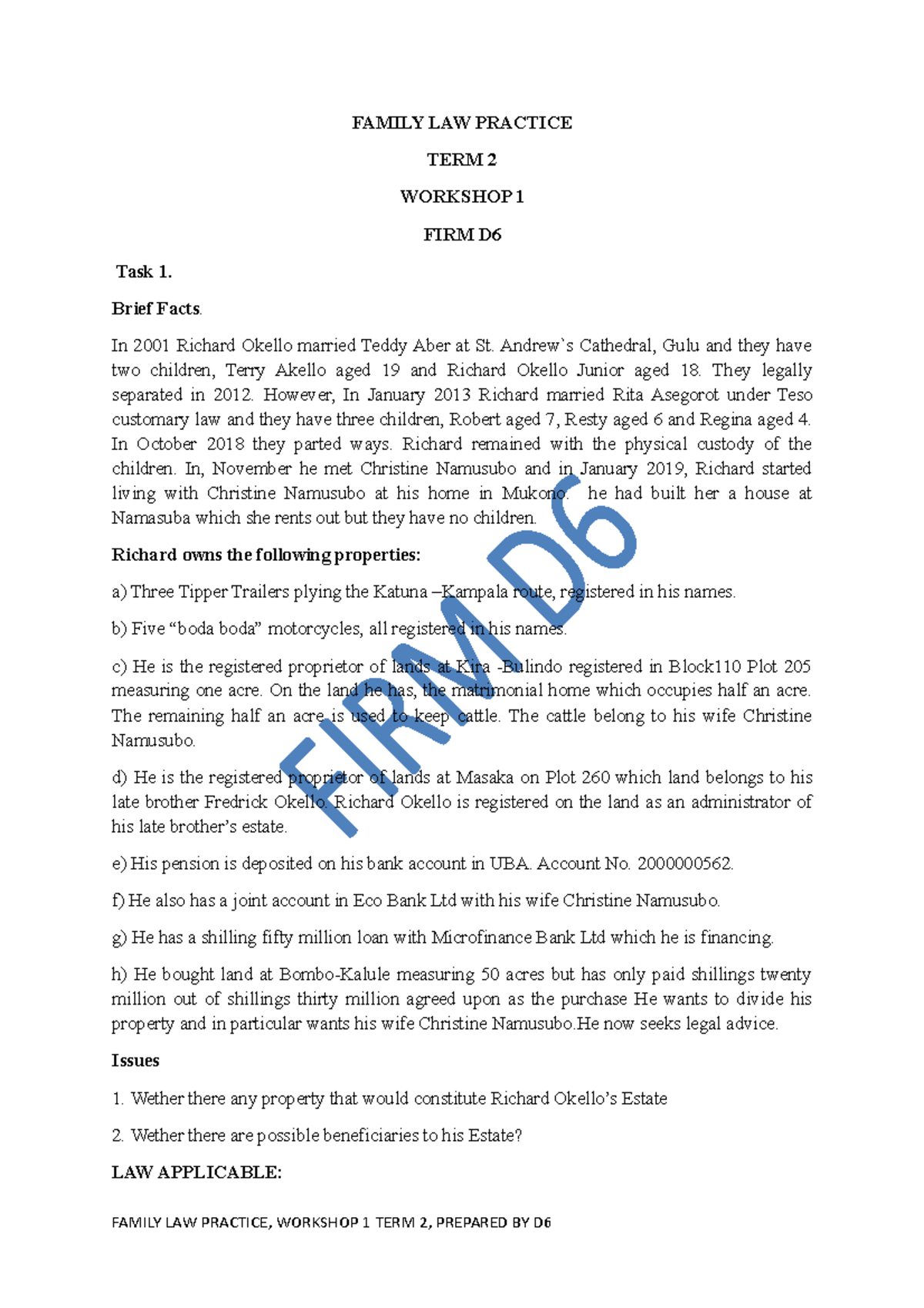 Family law practice Workshop 1, Term 2; Firm D6 - FAMILY LAW PRACTICE ...