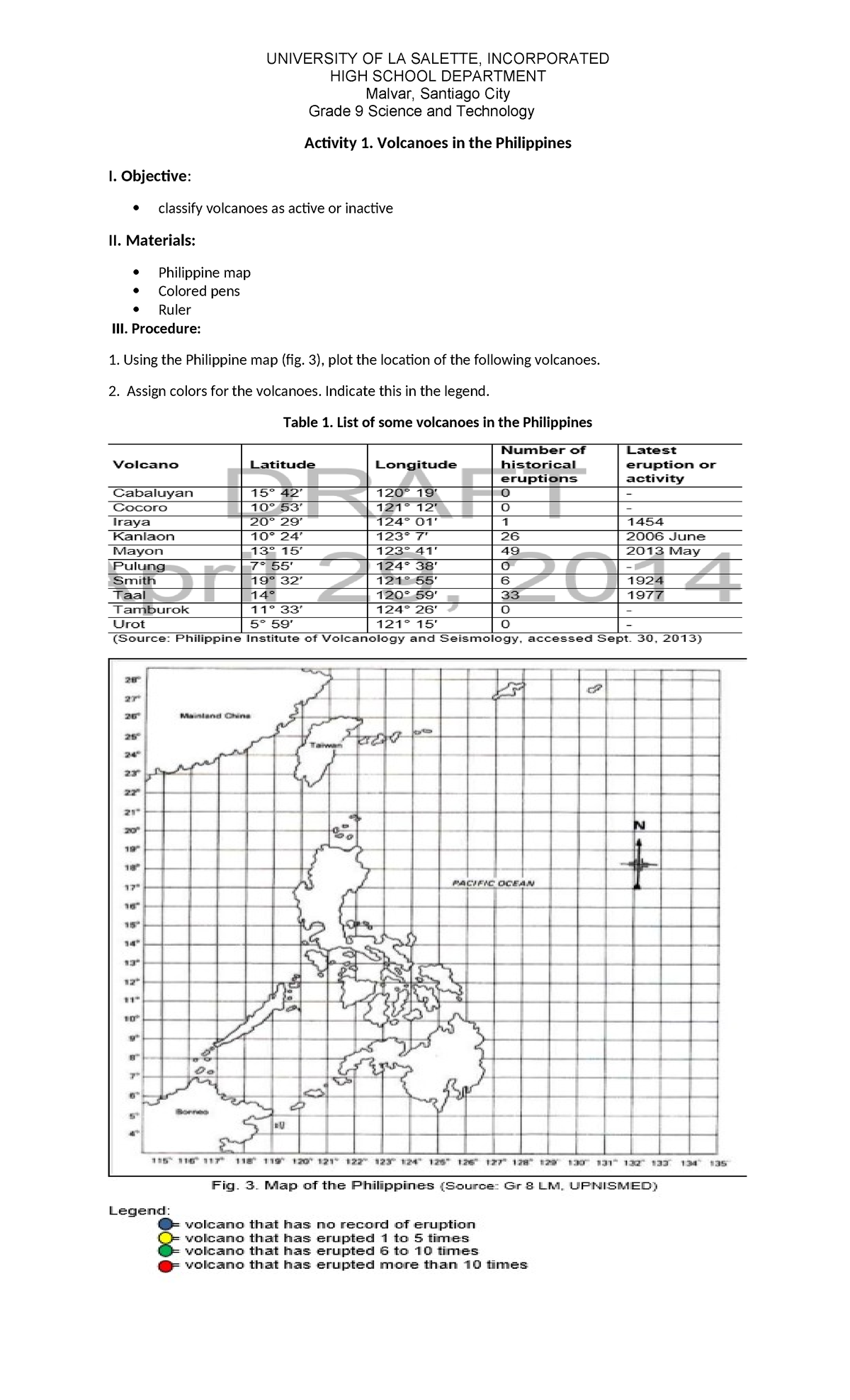 Volcano activity - UNIVERSITY OF LA SALETTE, INCORPORATED HIGH SCHOOL ...