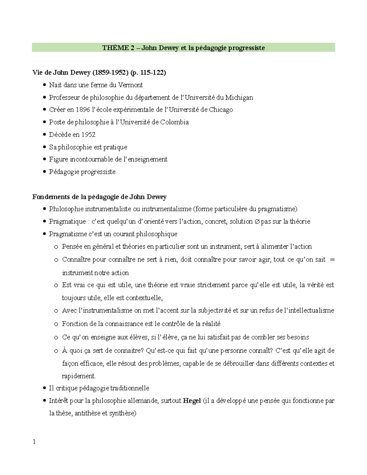 Thème 2 - john Dewey et la pédagogie progressiste - THÈME 2 – John ...