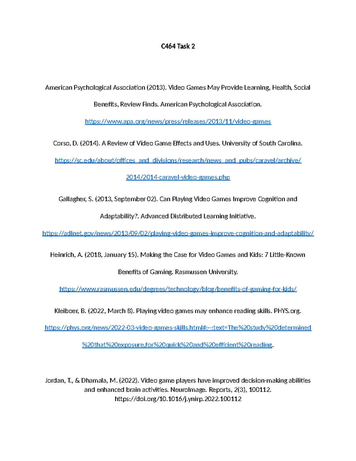 C464 task 2 - n\a - C464 Task 2 American Psychological Association ...