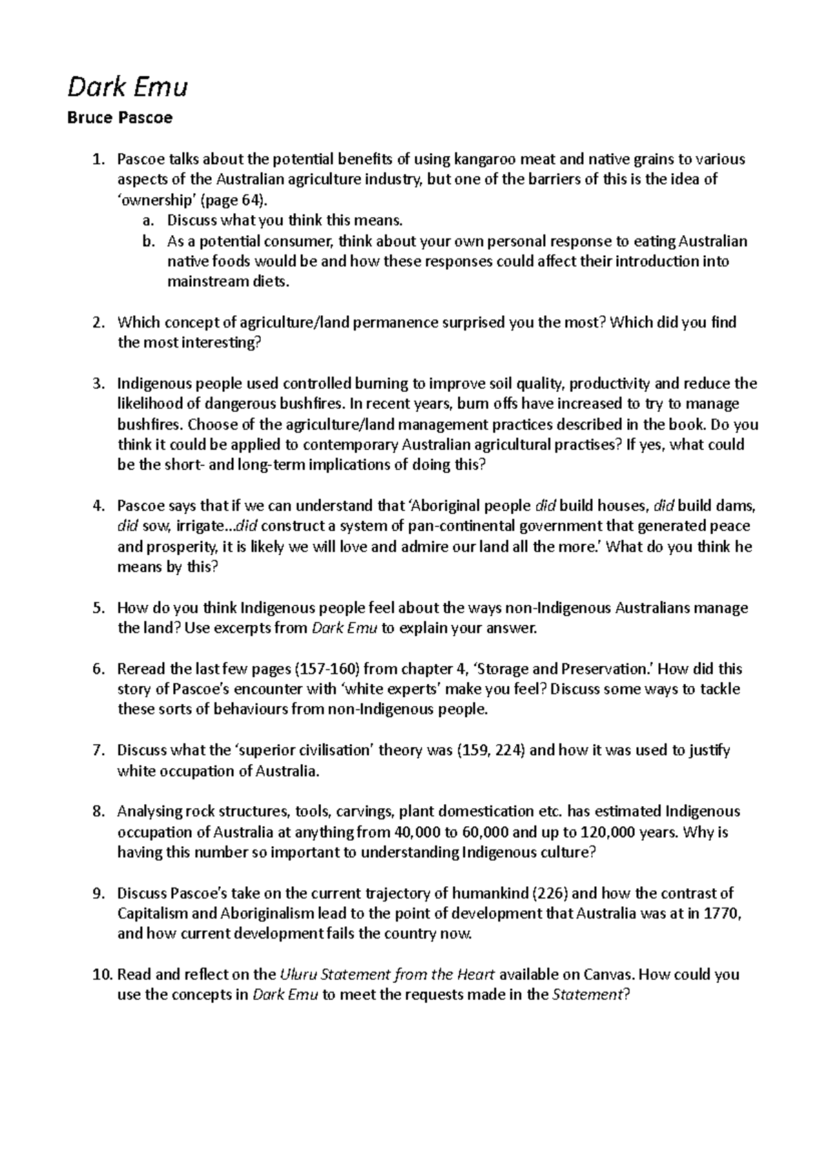 Dark Emu questions 2020 - Dark Emu Bruce Pascoe Pascoe talks about the ...