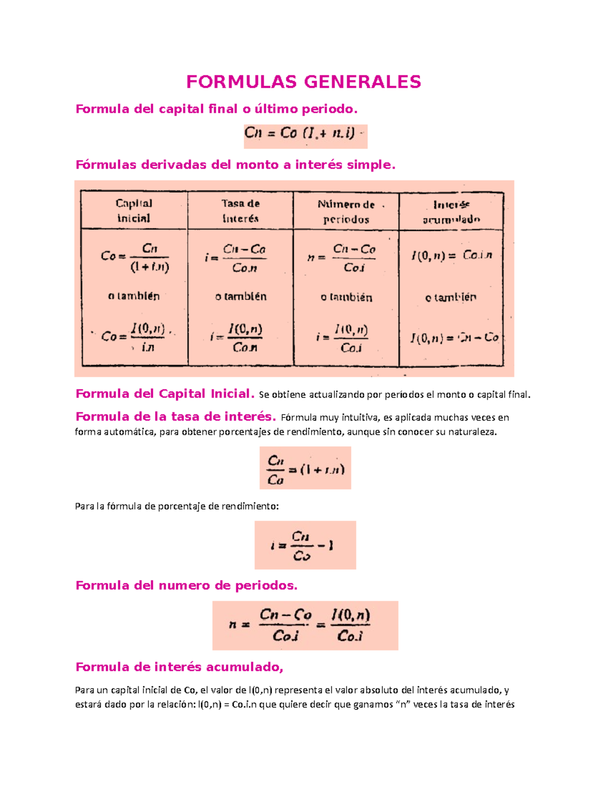 Formulas Generales - FORMULAS GENERALES Formula del capital final o ...