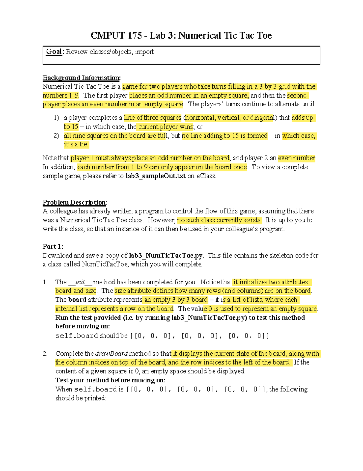 Lab 3 - Numerical Tic Tac Toe - CMPUT 175 - Lab 3: Numerical Tic Tac ...