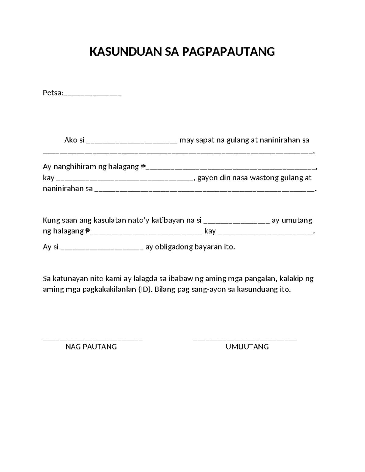 Kasunduan SA Pagpapautang - KASUNDUAN SA PAGPAPAUTANG Petsa ...