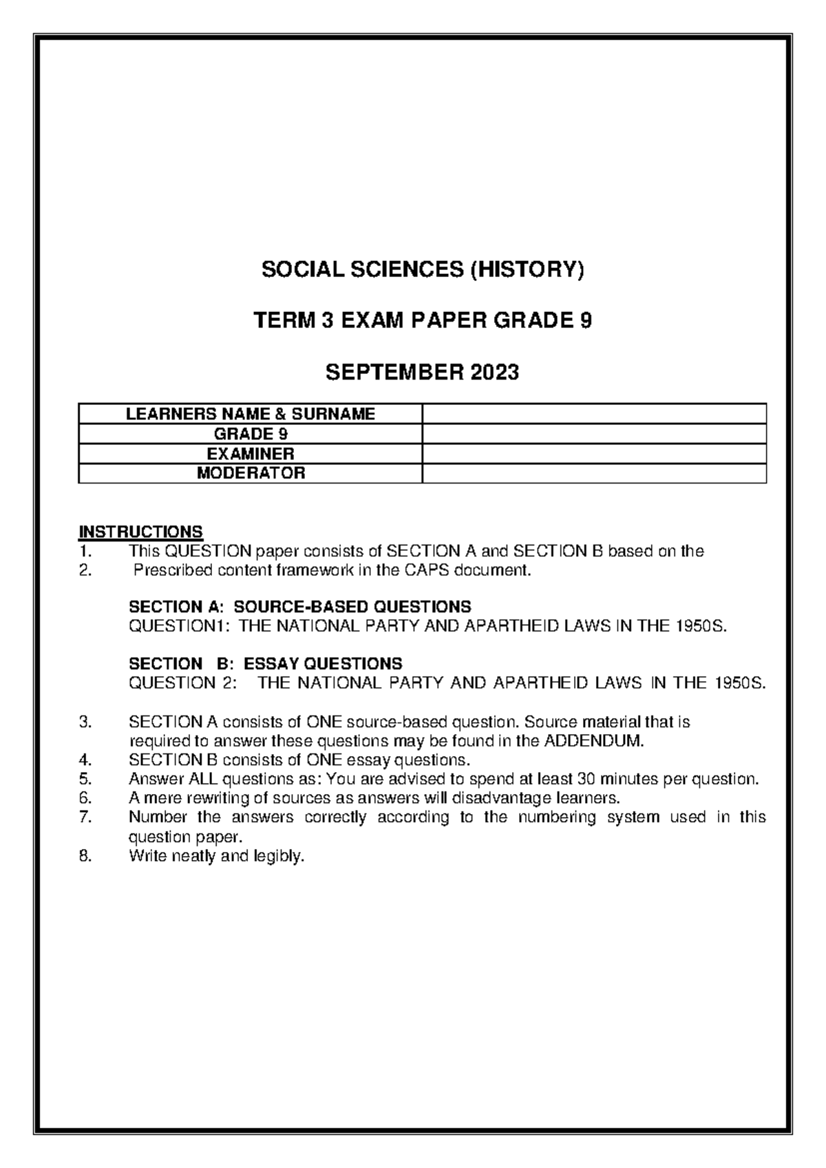 Social Science History Grade 9 Question Paper SOCIAL SCIENCES