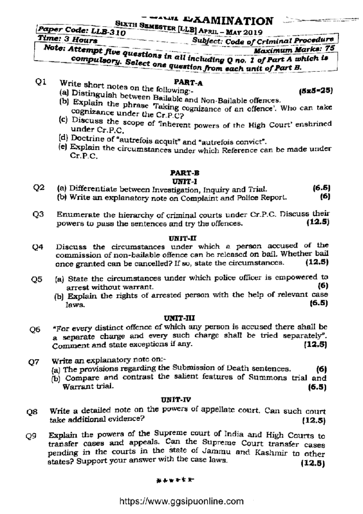 Llb 6 sem code of criminal procedure llb 310 may 2019 - Paper Code: SIXTH SEMESTER APRIL MAY ...