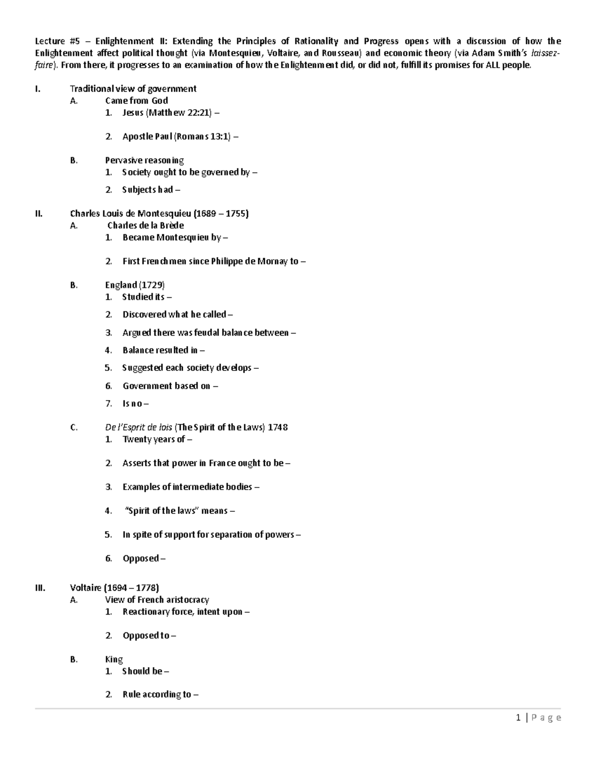 SN 5 Enlightenment II - History Notes and lecture questions from class ...