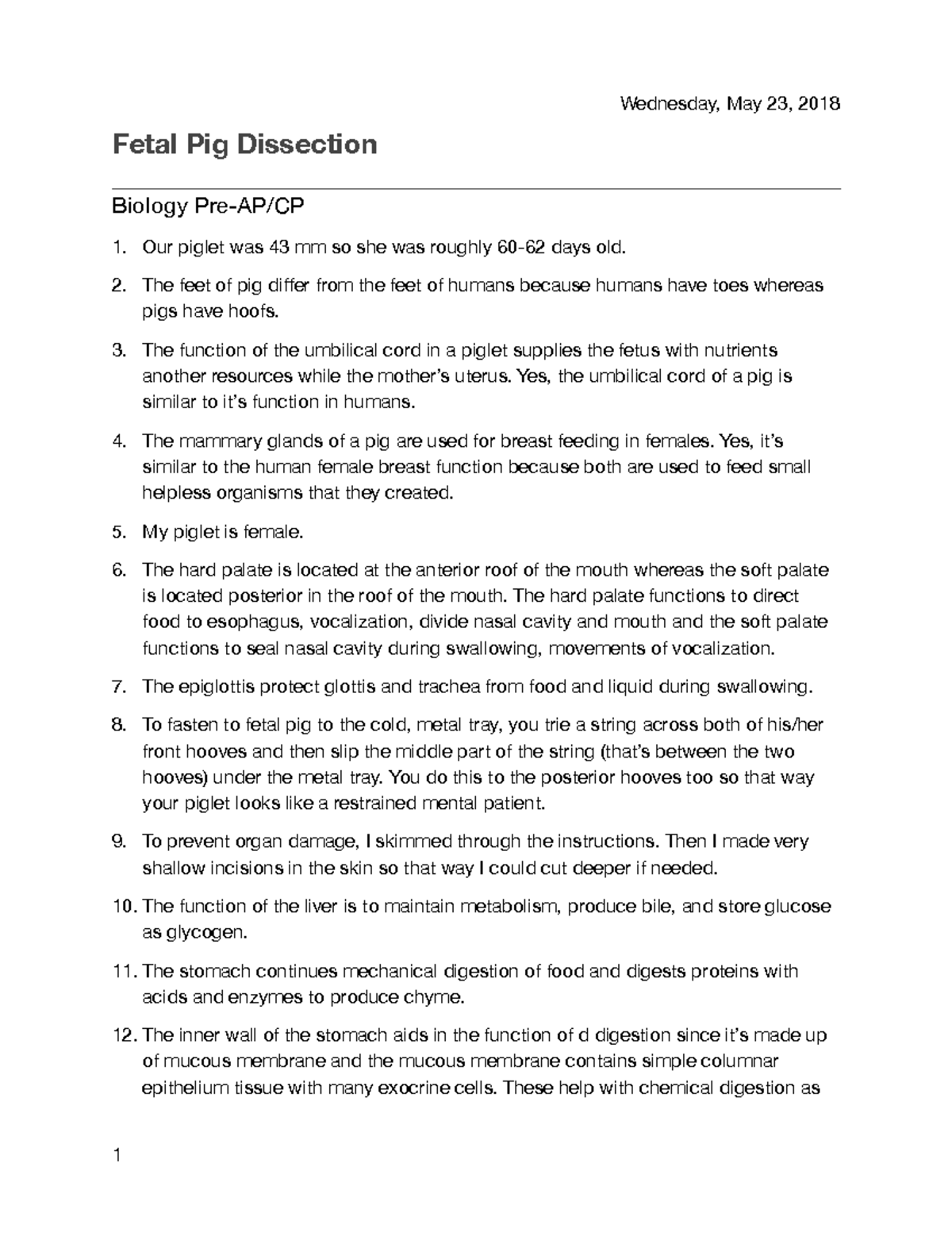 Fetal Pig Dissection Biology 1 Wednesday May 23 2018 Fetal Pig