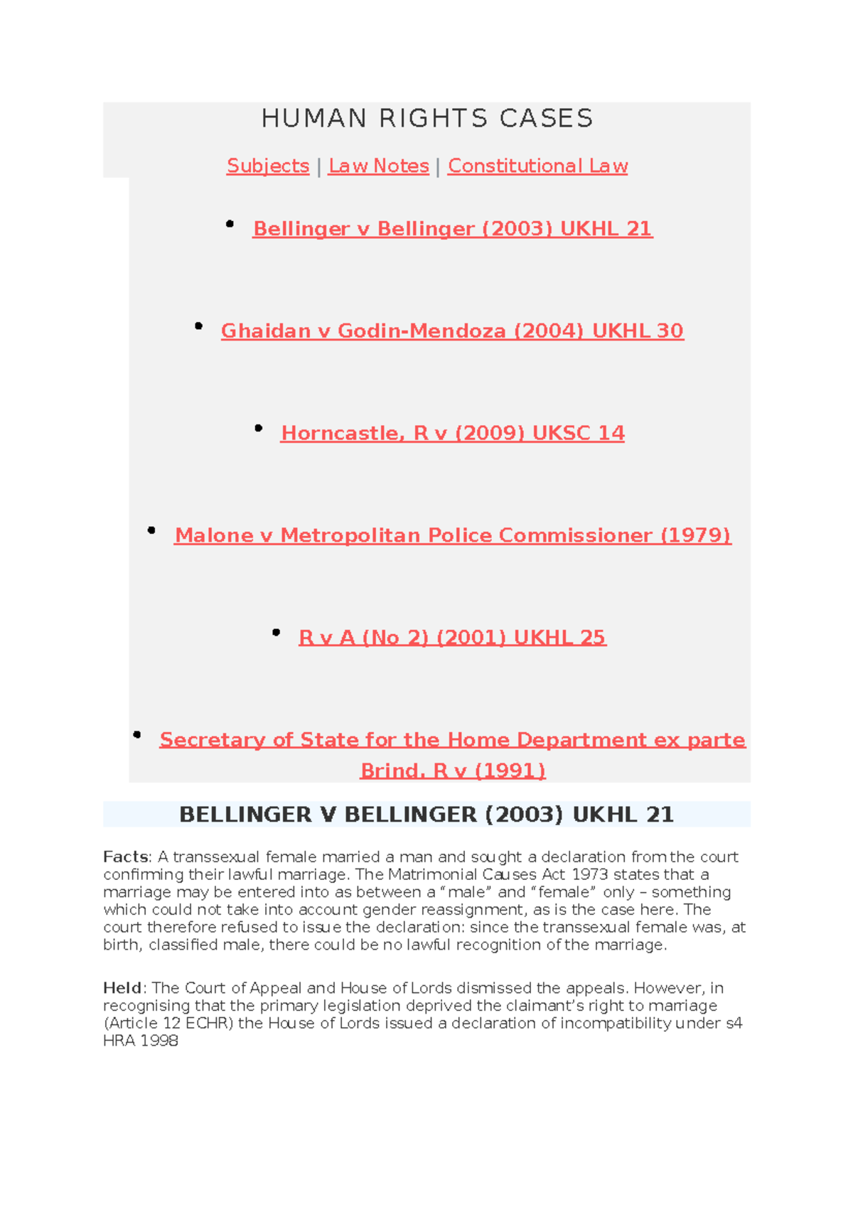 Constitutional law - summarised cases on human rights - HUMAN RIGHTS ...