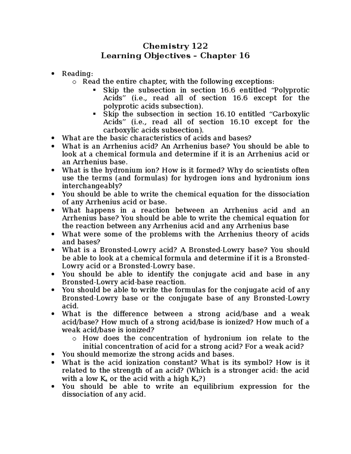 Chem122 Learning Objectives Ch 16 Chemistry 122 Learning Objectives