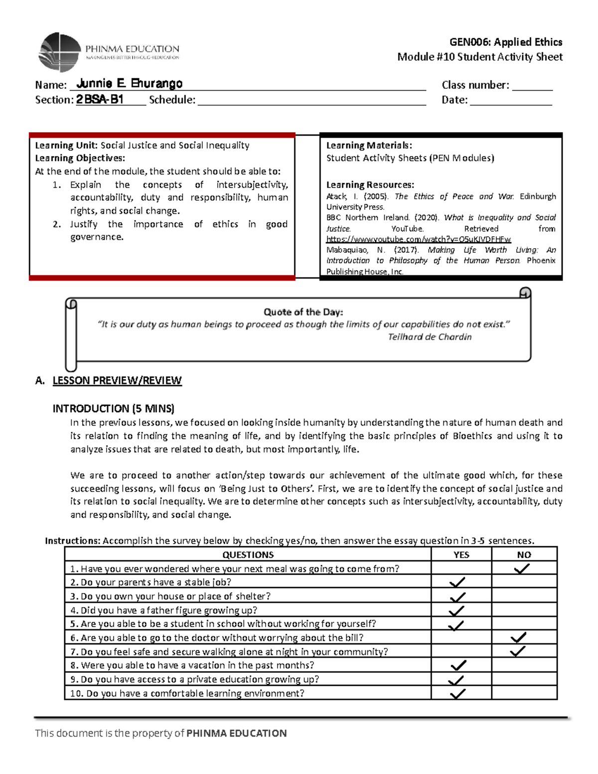 GEN 006 SAS#10 2324 - Social Justice AND Social Inequality - GEN006 ...