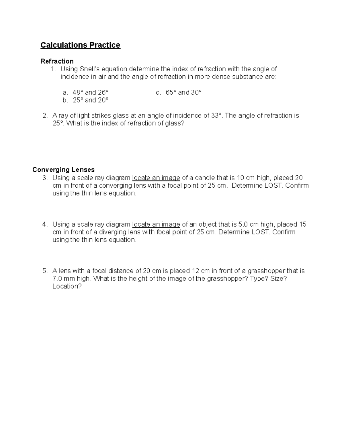 Optics Calculations Practice - Calculations Practice Refraction 1 ...