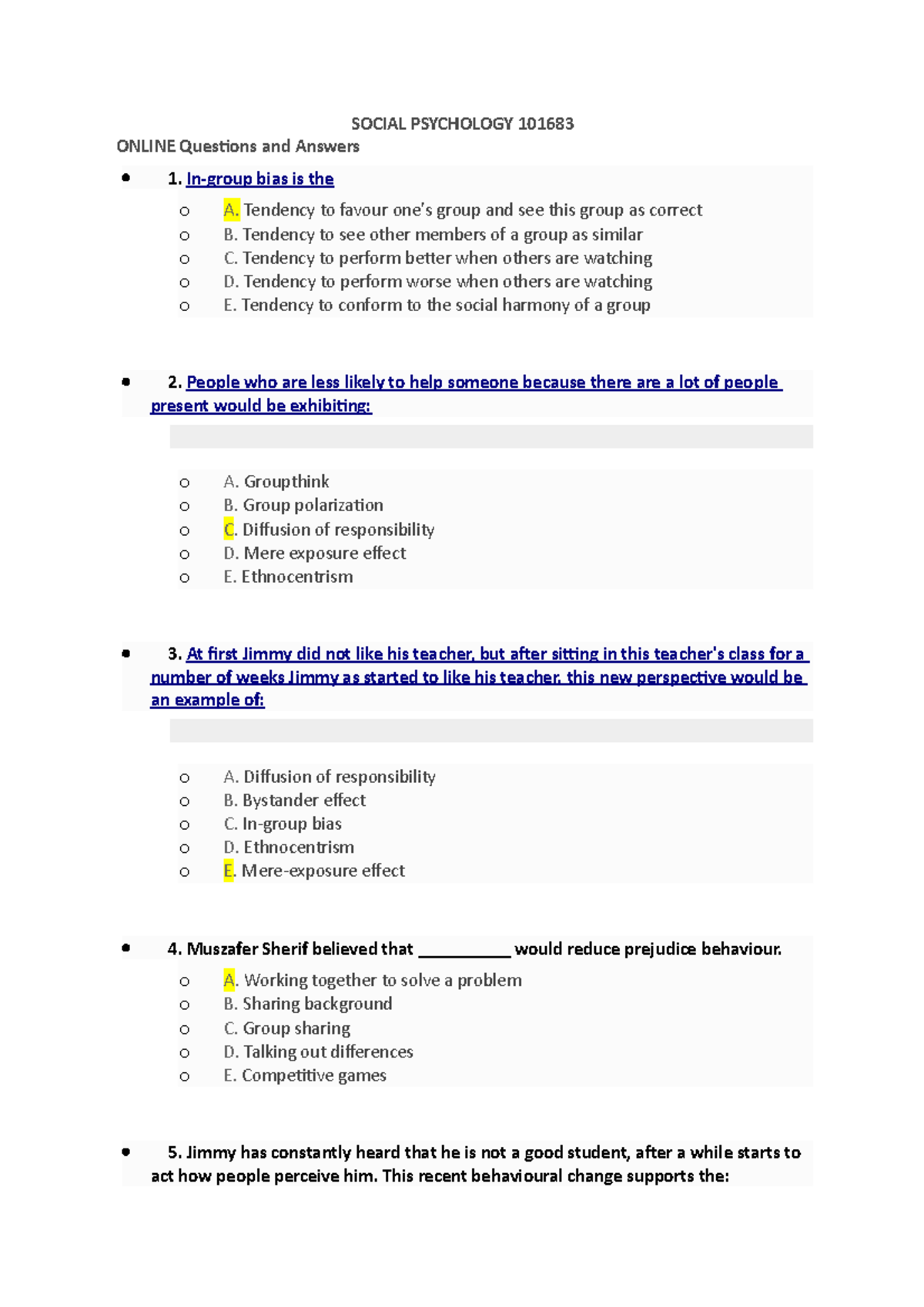 Social psychology 101683 online quiz - SOCIAL PSYCHOLOGY 101683 ONLINE ...