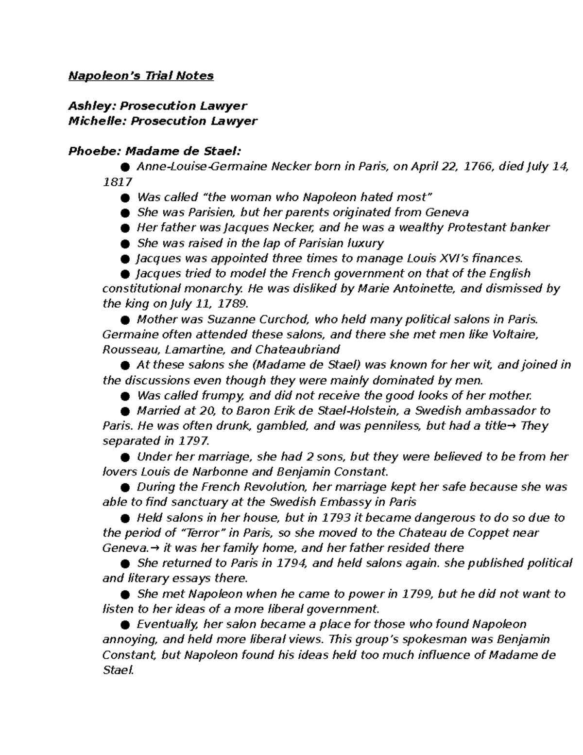 Napoleon’s Trial Notes-2 - Napoleon’s Trial Notes Ashley: Prosecution ...