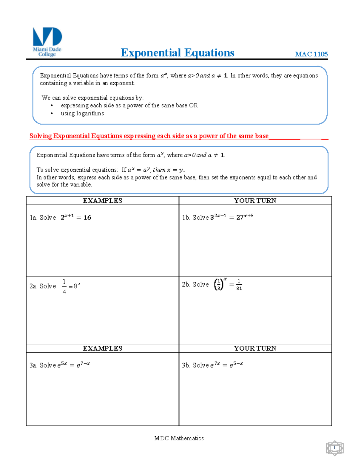 MAC 1105 Exponential Equations Sec.6.6 - Exponential Equations MAC 1105 Exponential Equations ...