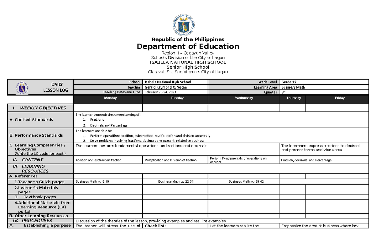 Business MATH DLL-WEEK-2- Quarter-3 - Department of Education Region II ...