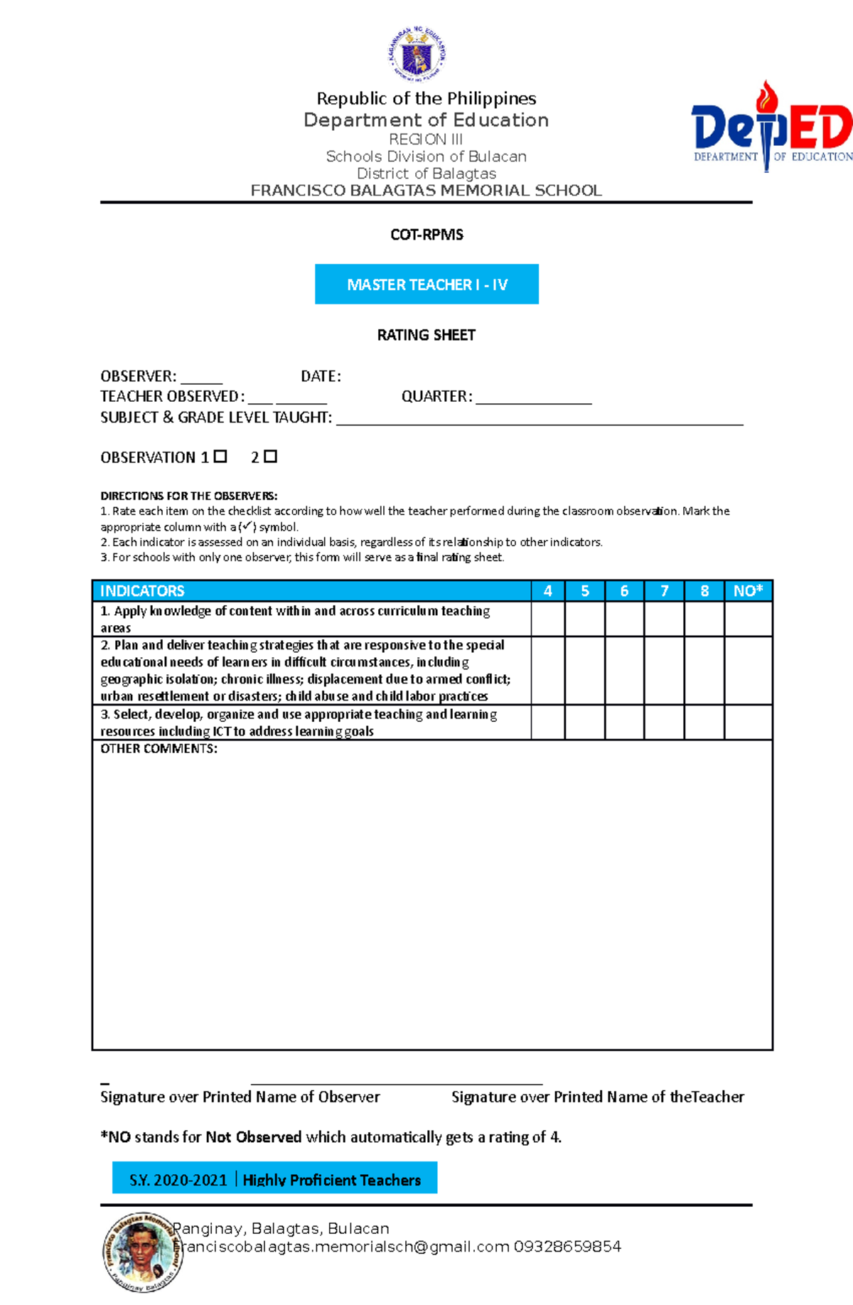 COT Rating Sheet MT I IV - hello - Panginay, Balagtas, Bulacan Franciscobalagtas@gmail ...
