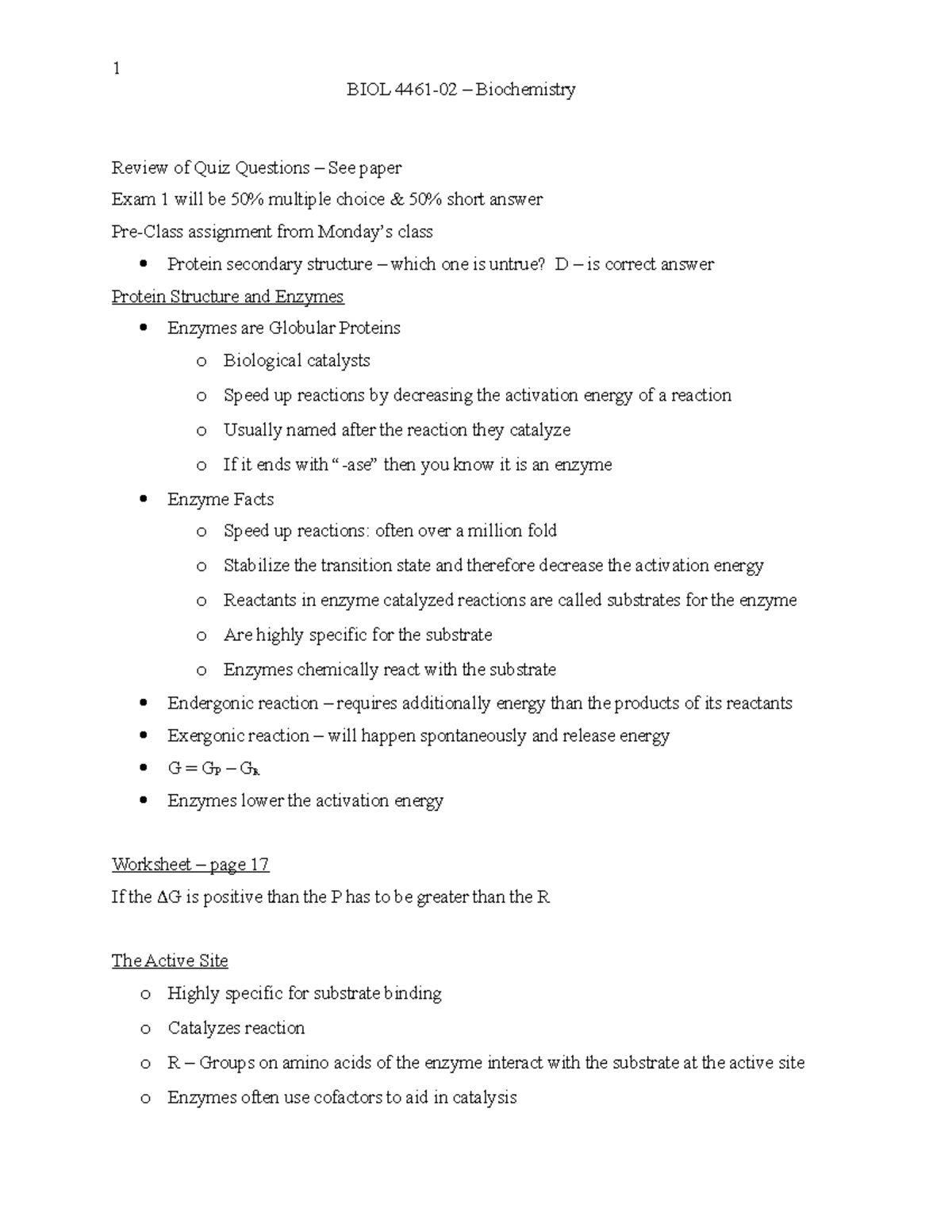 Notes 9-11 - 1 BIOL 4461-02 – Biochemistry Review of Quiz Questions ...
