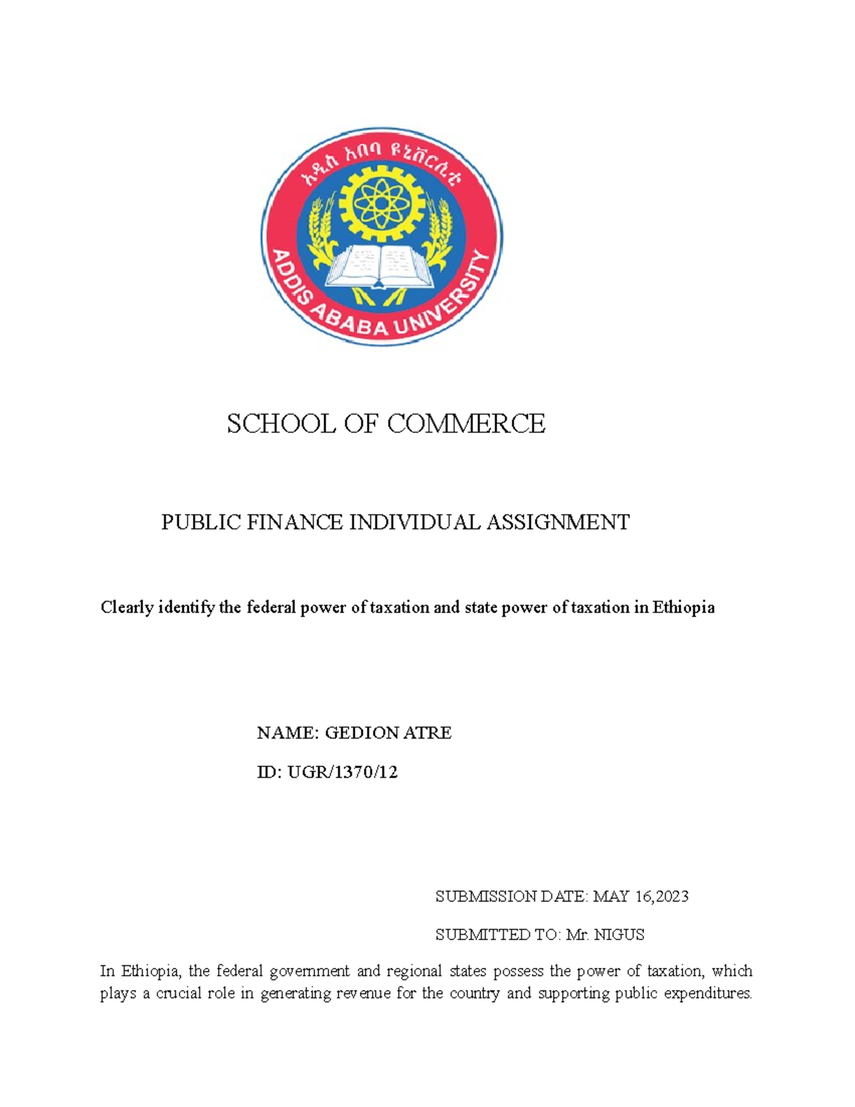 Public assignment - nbvcxz - SCHOOL OF COMMERCE PUBLIC FINANCE ...