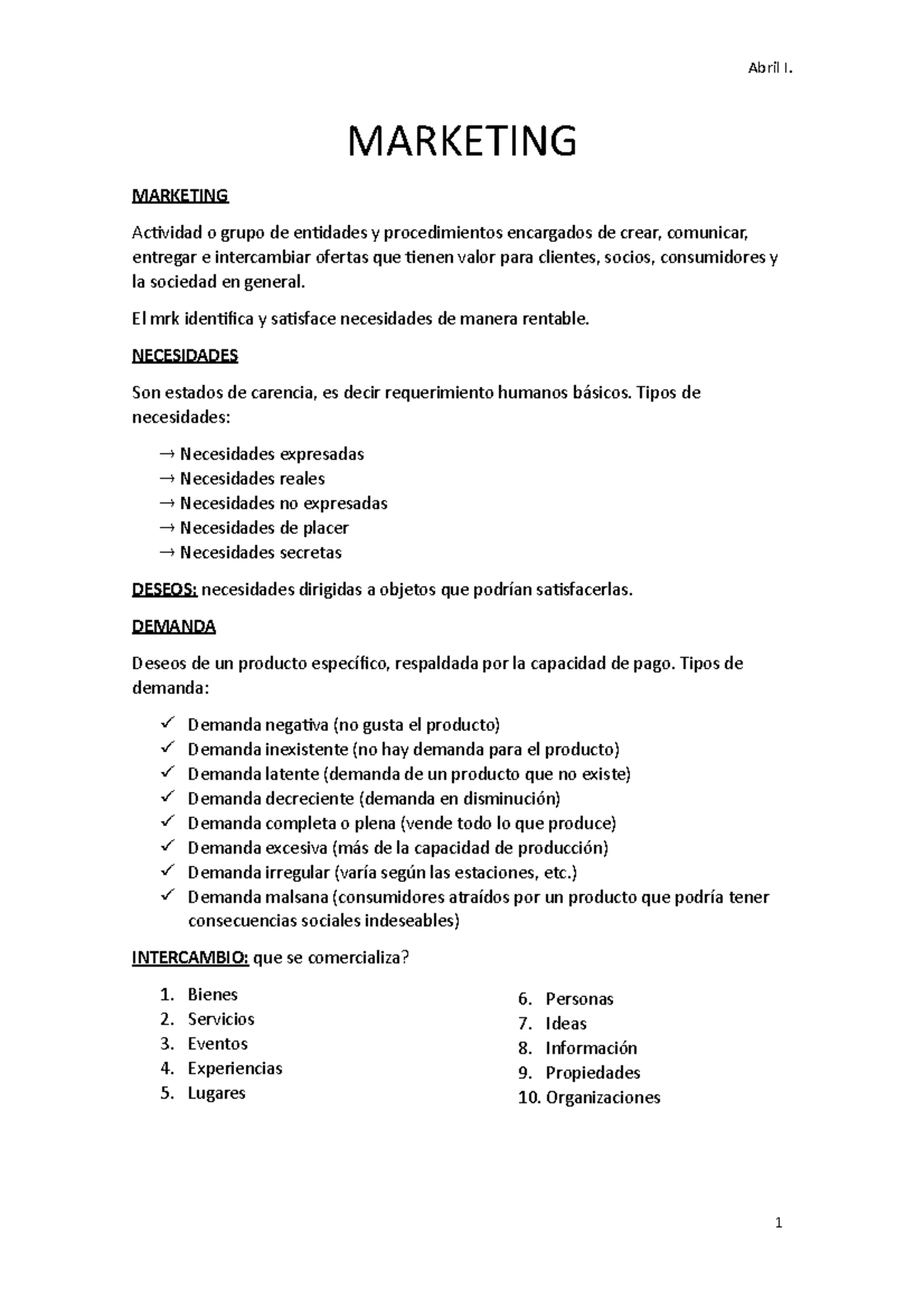 Resumen final - Marketing - Abril I. 1 MARKETING MARKETING Actividad o grupo de entidades y ...