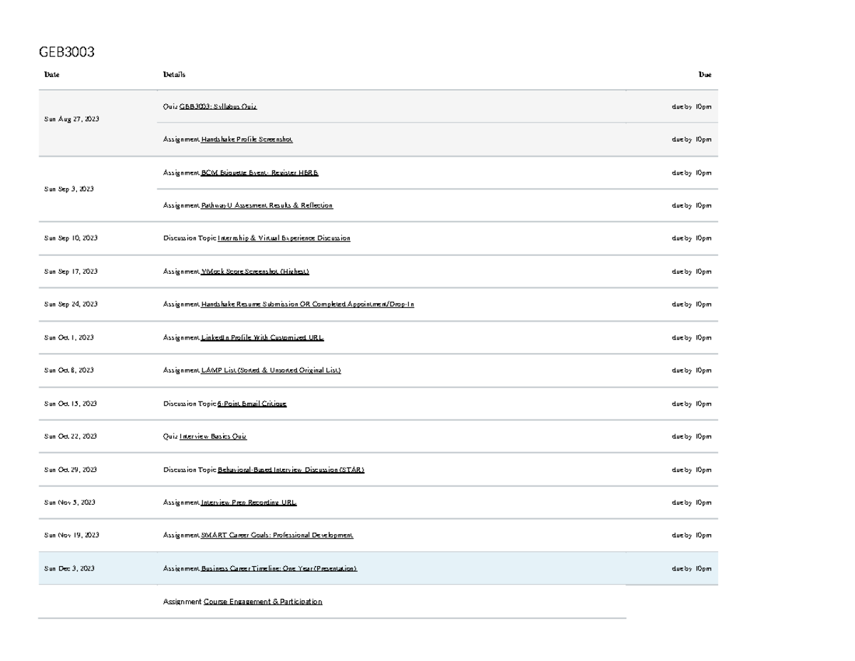 GEB3003 due dates - GEB 3003 Date Details Due Sun Aug 27, 2023 Quiz ...
