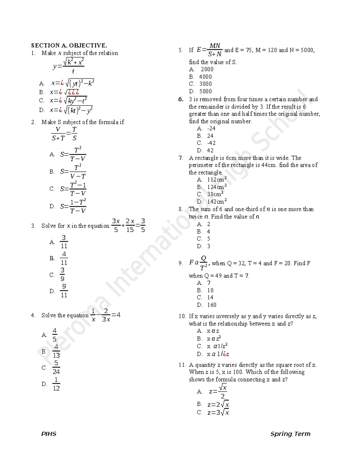 Maths interview - SECTION A. OBJECTIVE. 1. Make x subject of the ...