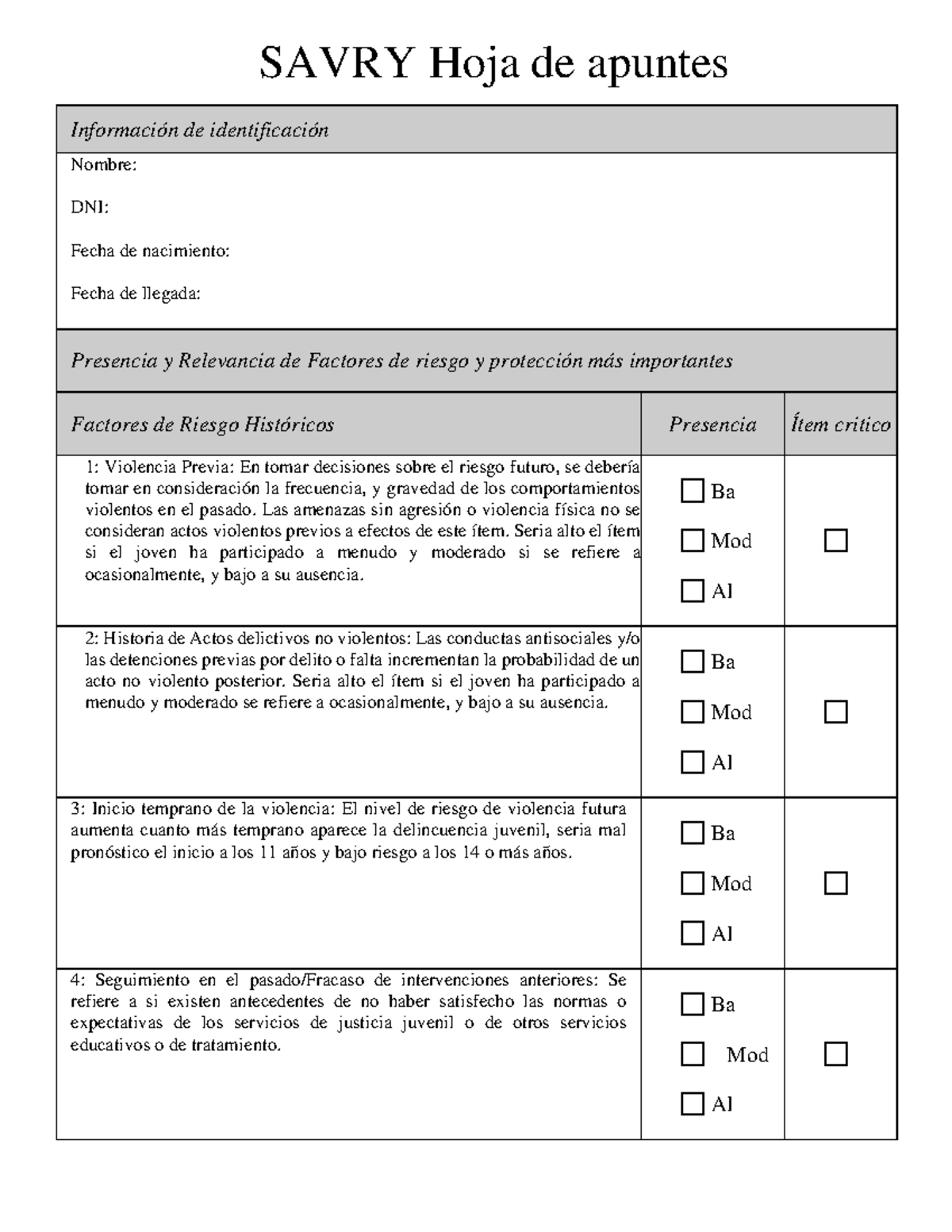 Plantilla Savry - SAVRY Hoja de apuntes Información de identificación ...