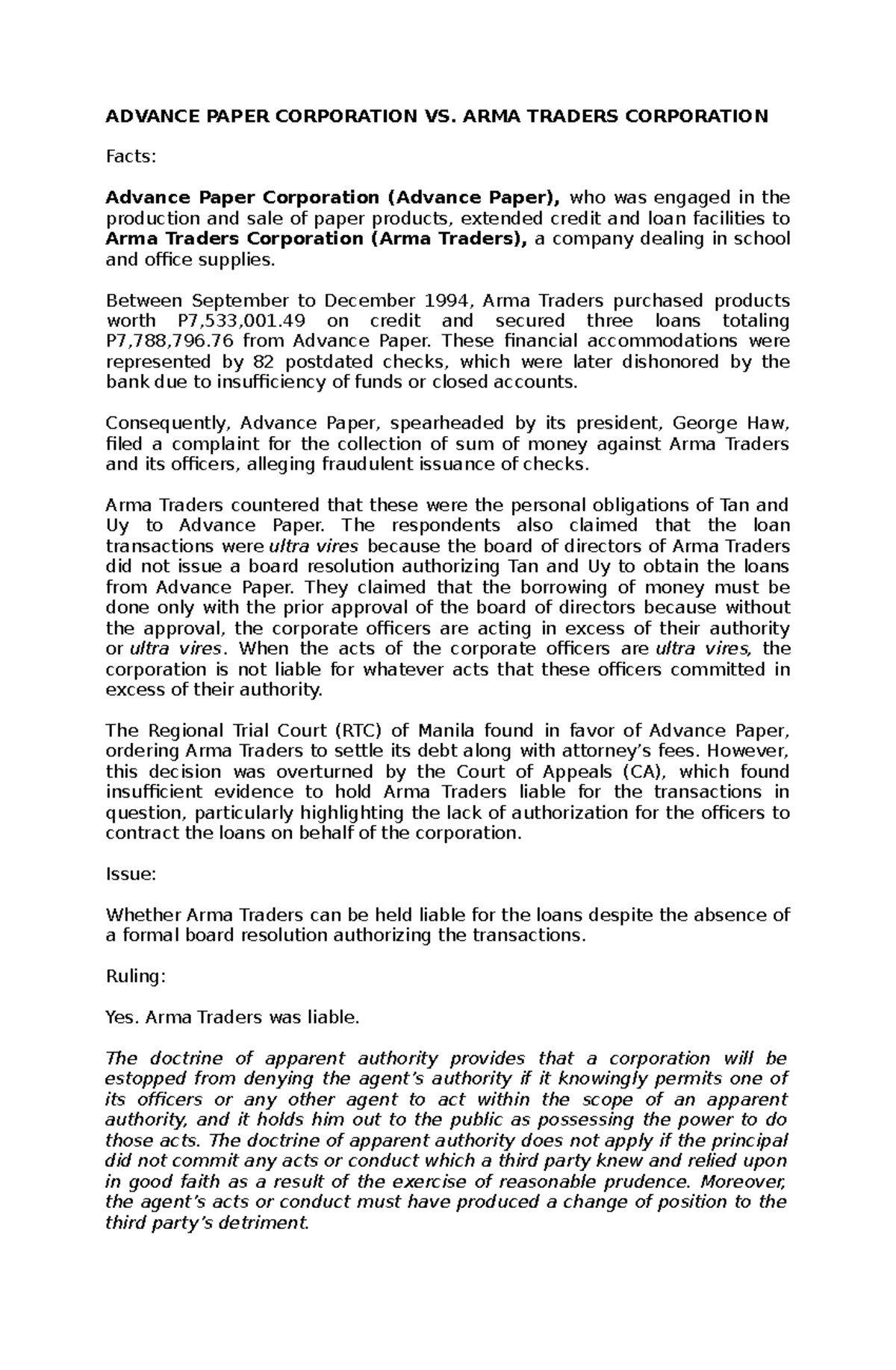 Advance Paper Corporation vs Arma Traders - ADVANCE PAPER CORPORATION ...