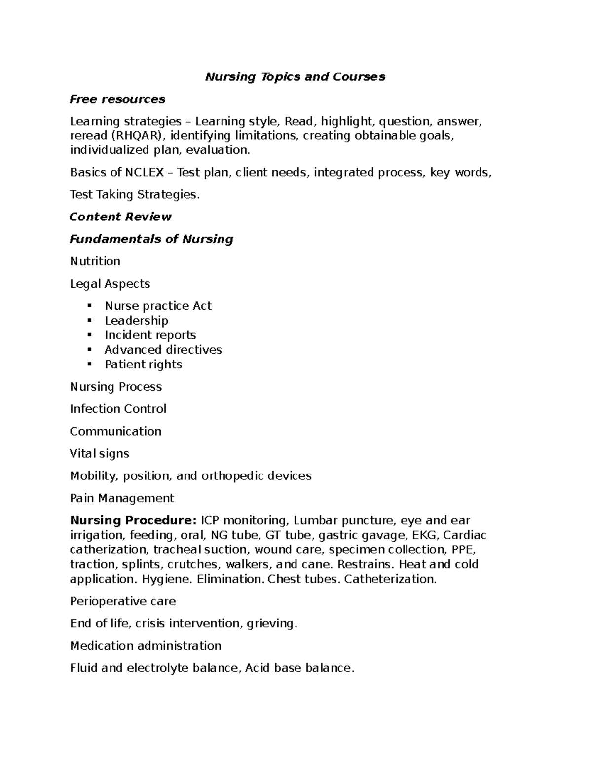 Nursing Topics - lists disease and other stuff done for each chapter ...