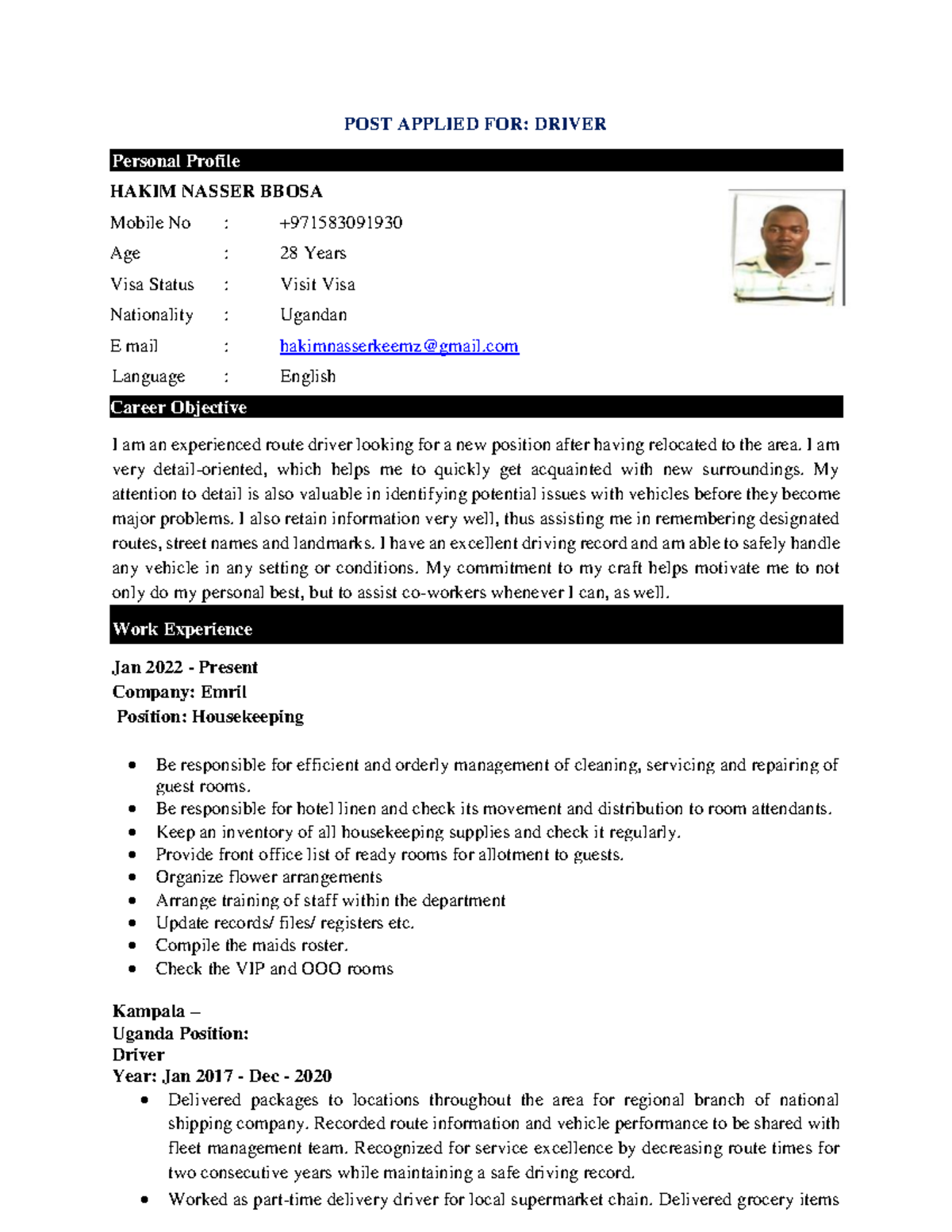 Driver CV - HHHeee - POST APPLIED FOR: DRIVER Personal Profile HAKIM ...