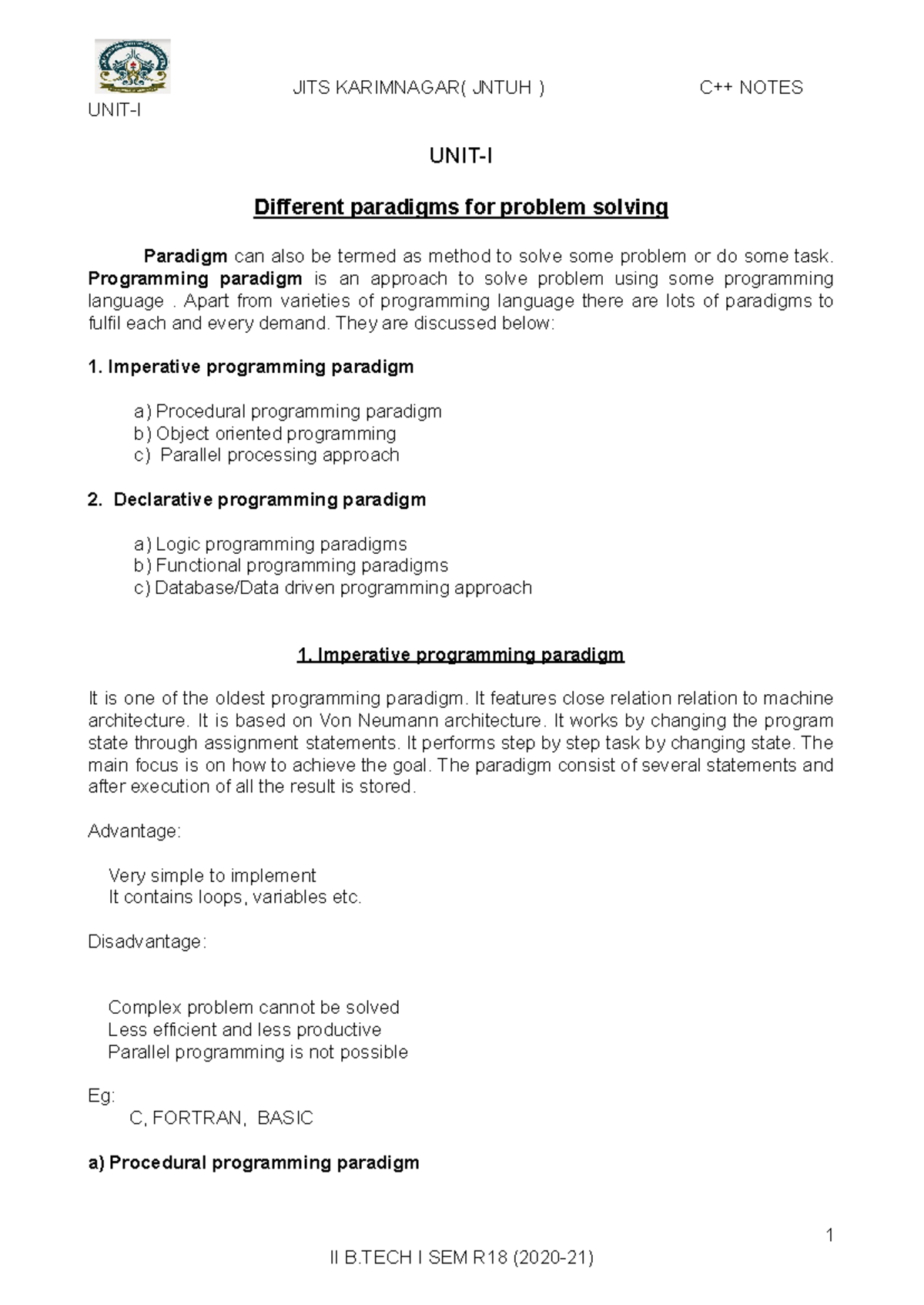 C++ Notes UNIT-I.docx - kajwjhfksdhiglvjdfk - UNIT-I UNIT-I Different ...